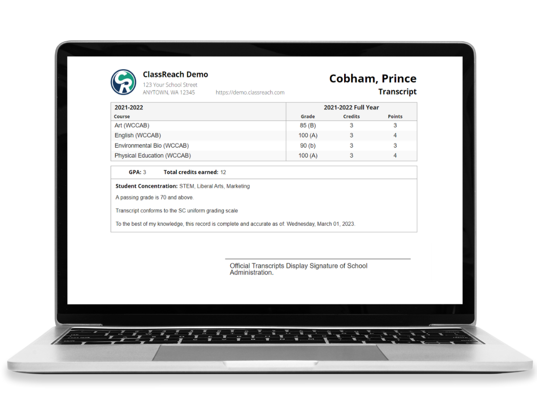 Create Academic Transcripts with ClassReach | Printable