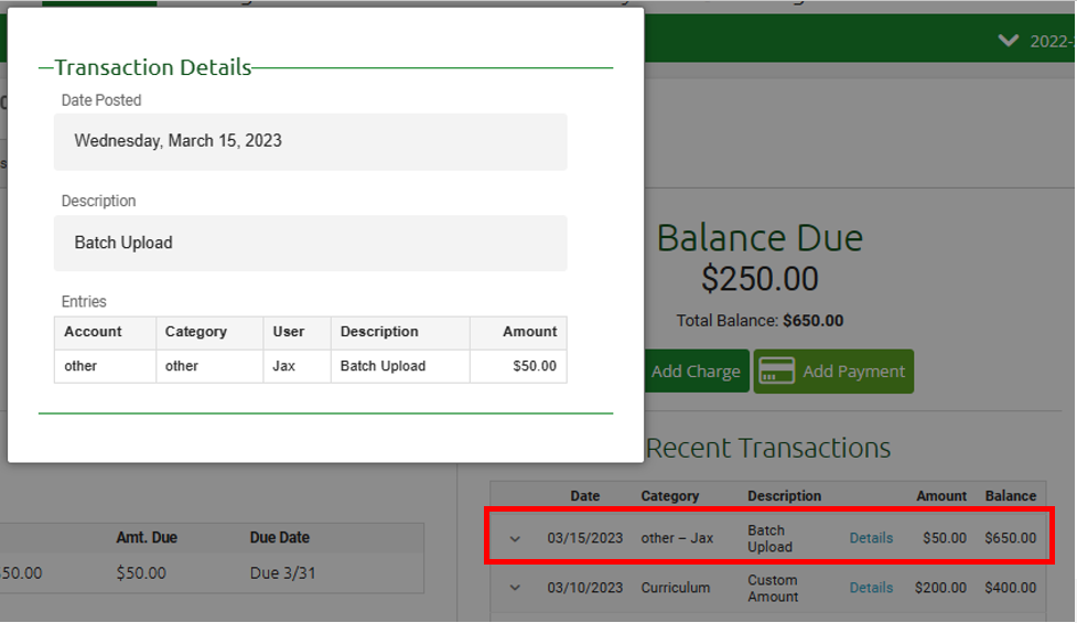 Adding Charges via Transaction Batches